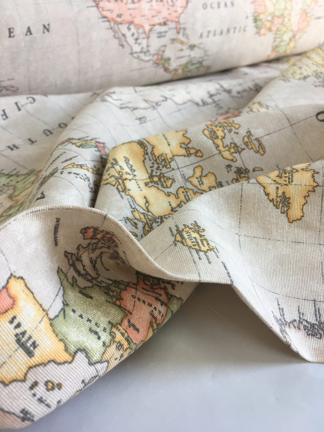 BEIGE WORLD MAP 3 Designer Curtain Upholstery cotton fabric material ...