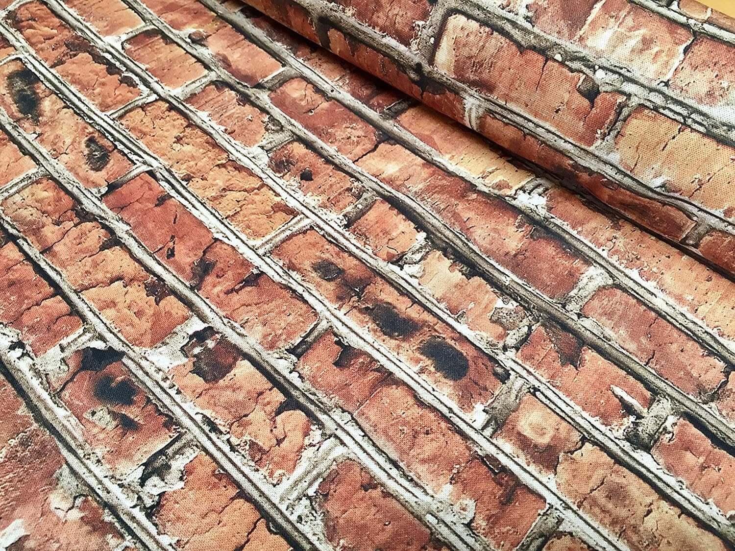 DIGI BRICK WALL Effect Cotton Fabric - Red Bricks Stone Wall Print ...