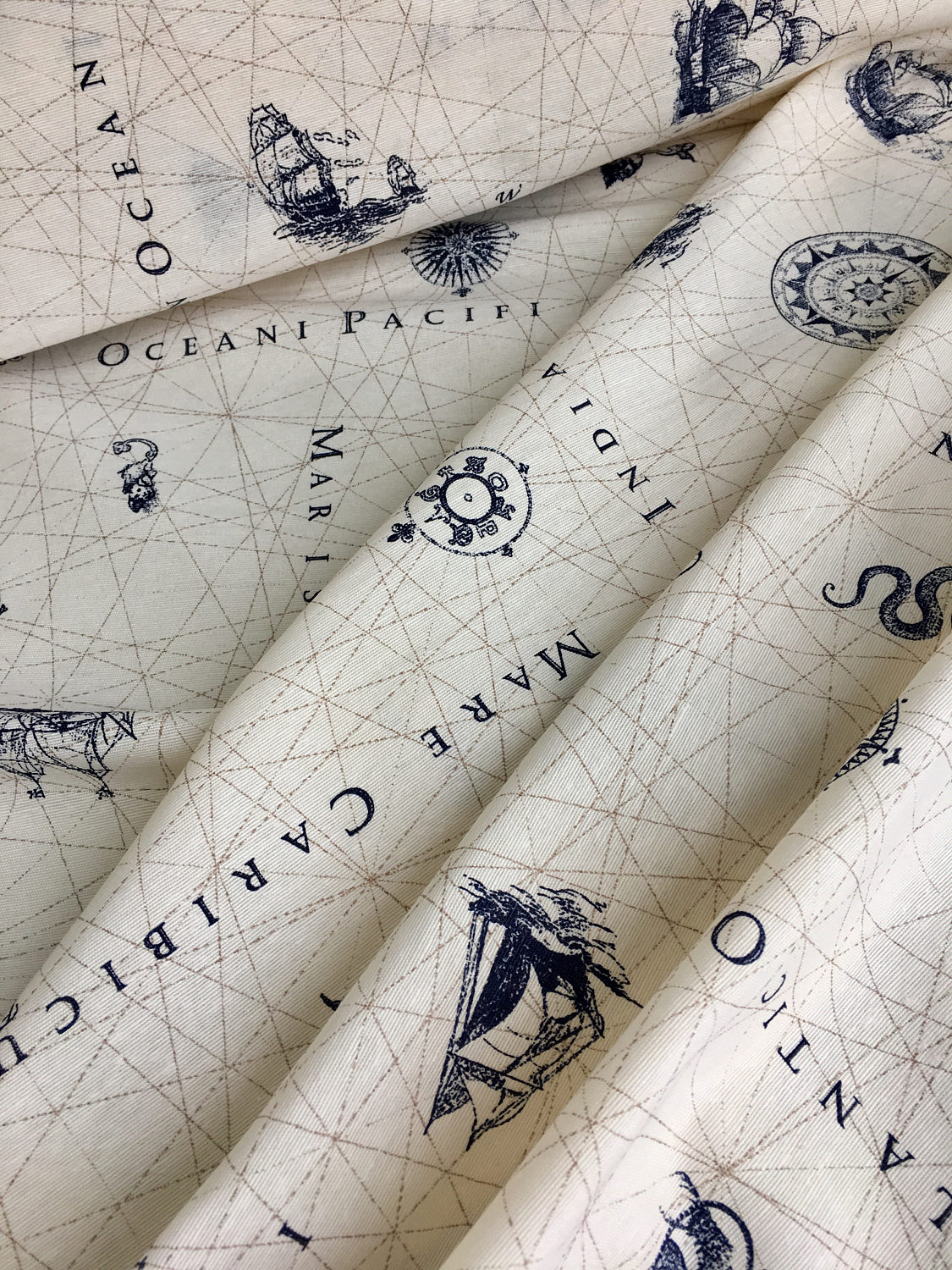 Nautical MARINE MAP Print Fabric Linen Look - Curtains Upholstery Home ...