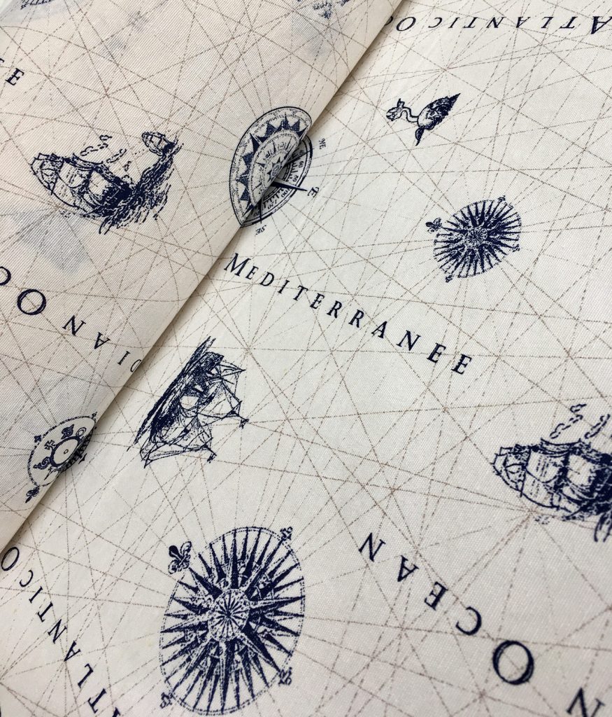 Nautical MARINE MAP Print Fabric Linen Look - Curtains Upholstery Home ...