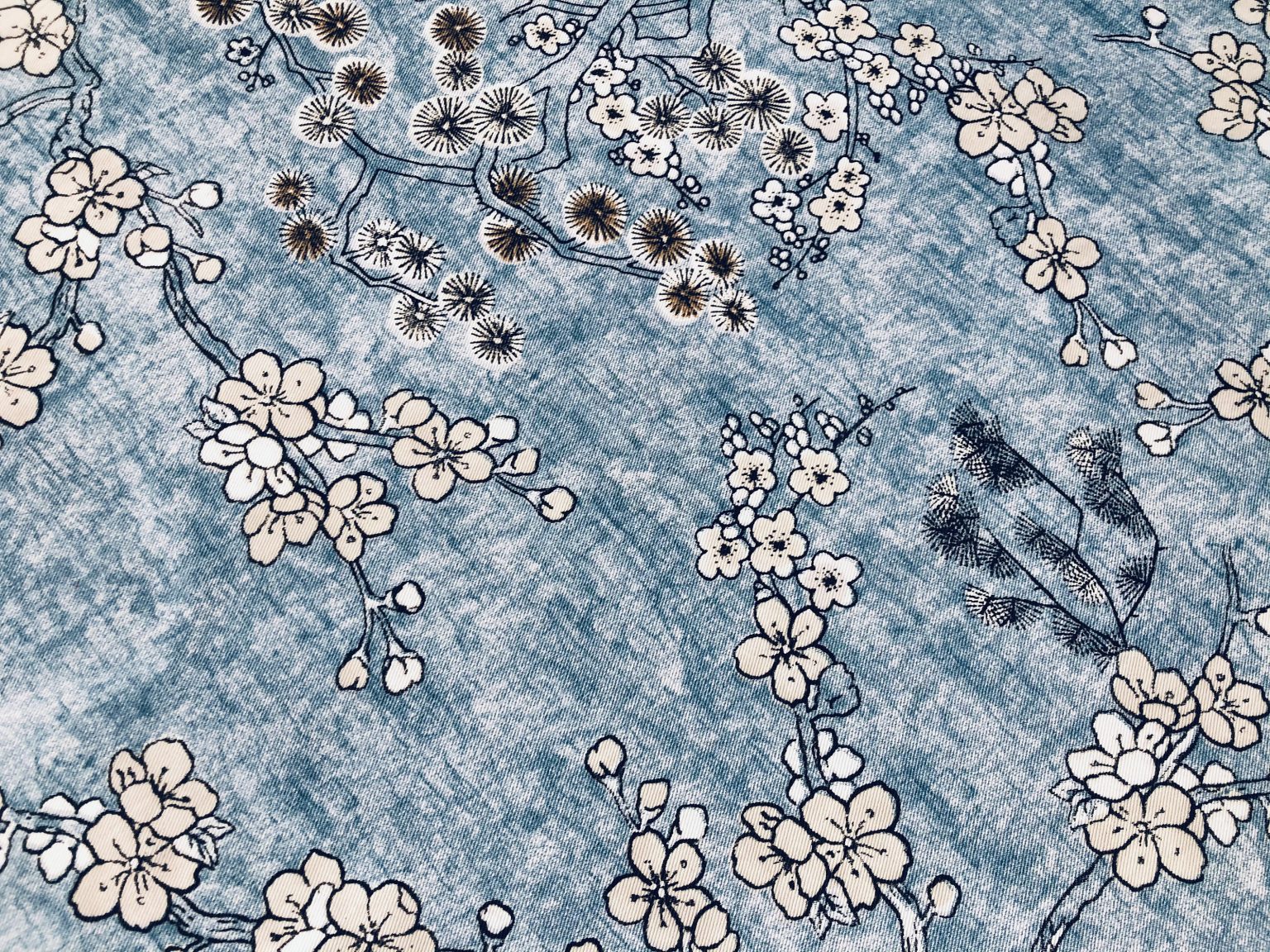 BLUE Japanese Sakura Blossom Cherry Floral Twill Curtain Fabric ...