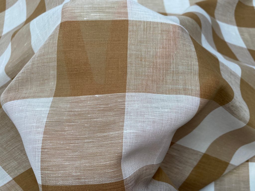 Light Brown And White Checks Gingham Checked Linen Fabric Plaid Material