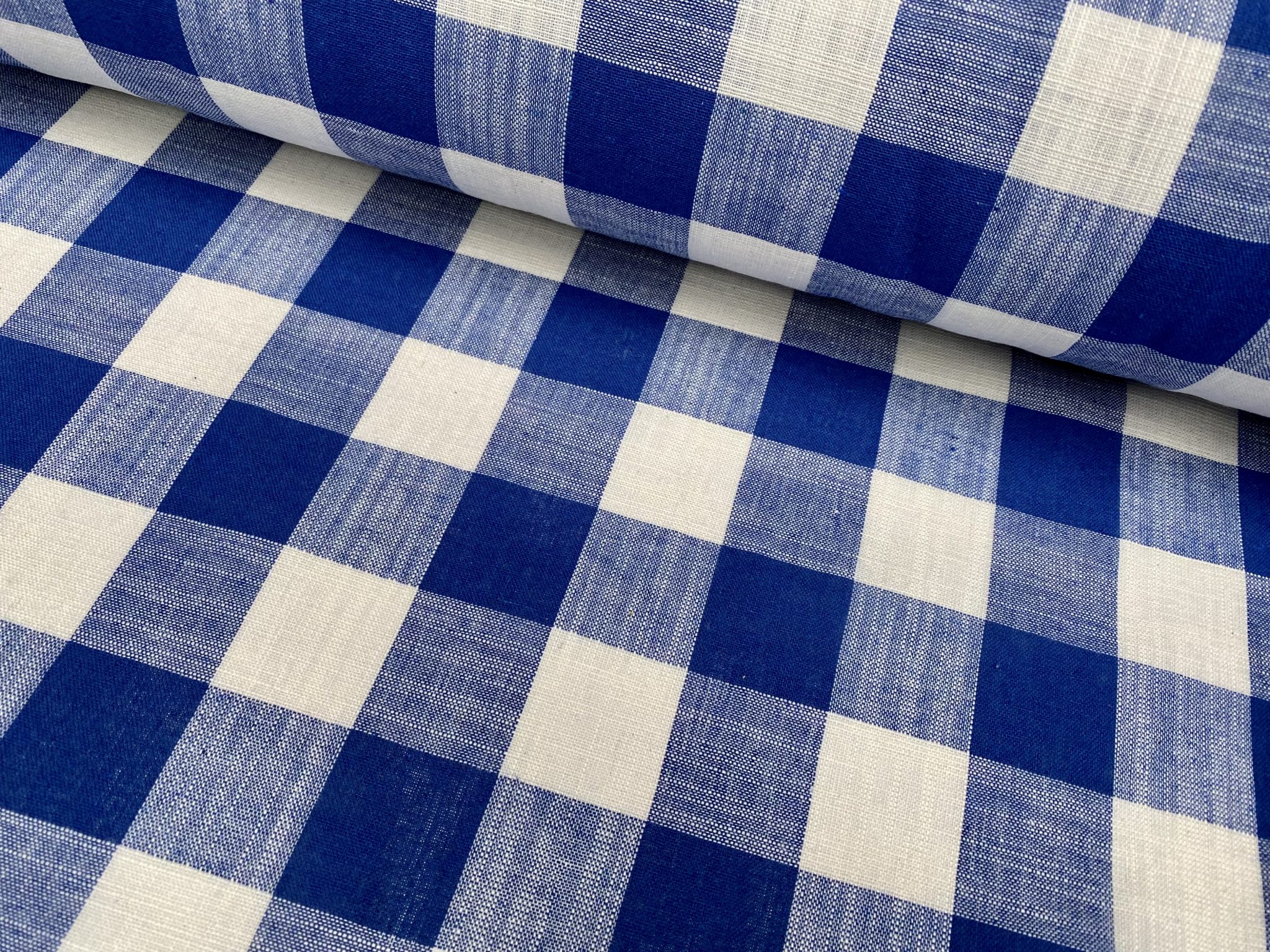 Bright Blue And White Gingham Linen Checked Linen Fabric Plaid Material