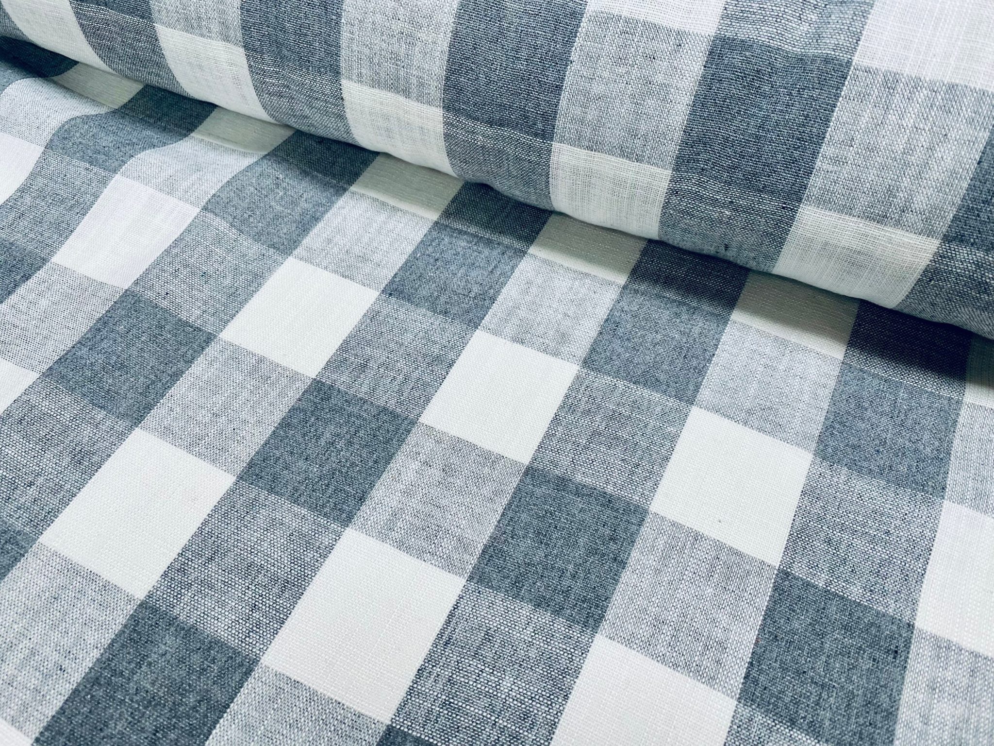 Grey And White Gingham Linen Checked Linen Fabric Plaid Material Buffalo