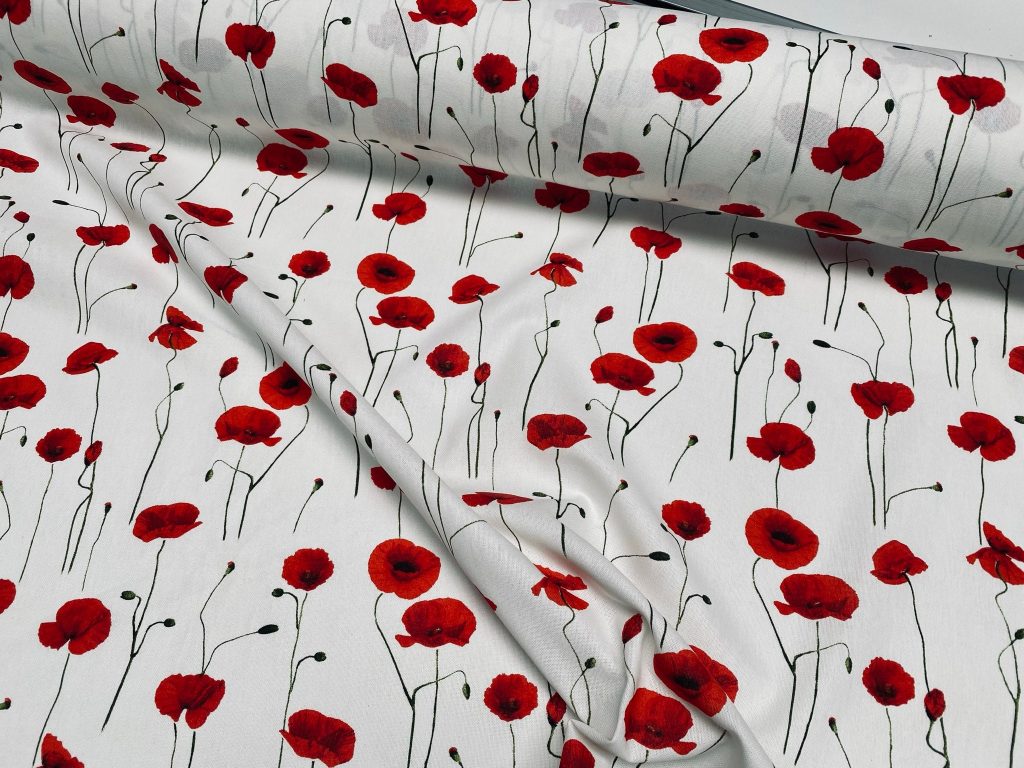 Red Poppy Flowers Fabric Remembrance Day Poppies Field Curtain Material ...