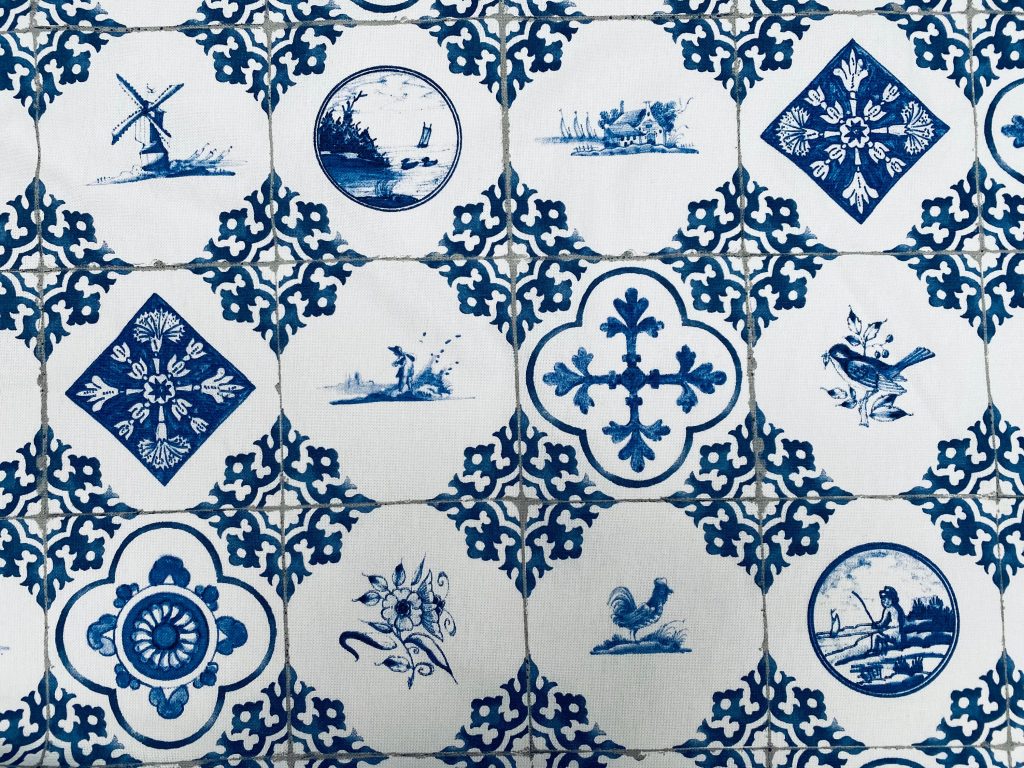 Dutch Tile Geometric Fabric Ceramic Effect Delft Blue Windmill Holland ...
