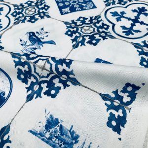 Dutch Tile Geometric Fabric Ceramic Effect Delft Blue Windmill Holland ...