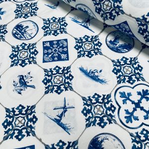 Dutch Tile Geometric Fabric Ceramic Effect Delft Blue Windmill Holland ...