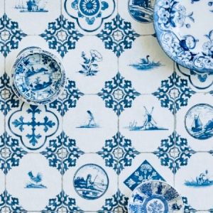 Dutch Tile Geometric Fabric Ceramic Effect Delft Blue Windmill Holland ...