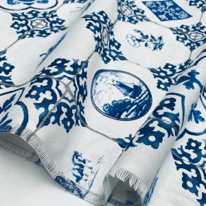 Dutch Tile Geometric Fabric Ceramic Effect Delft Blue Windmill Holland ...
